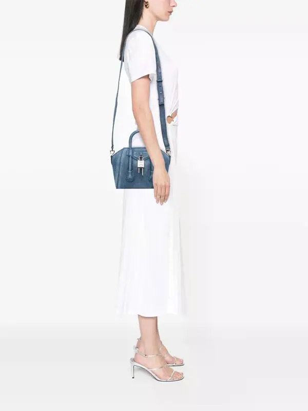 Givenchy 2024 Mini Denim Antigona Lock Bag Satchel - Blue