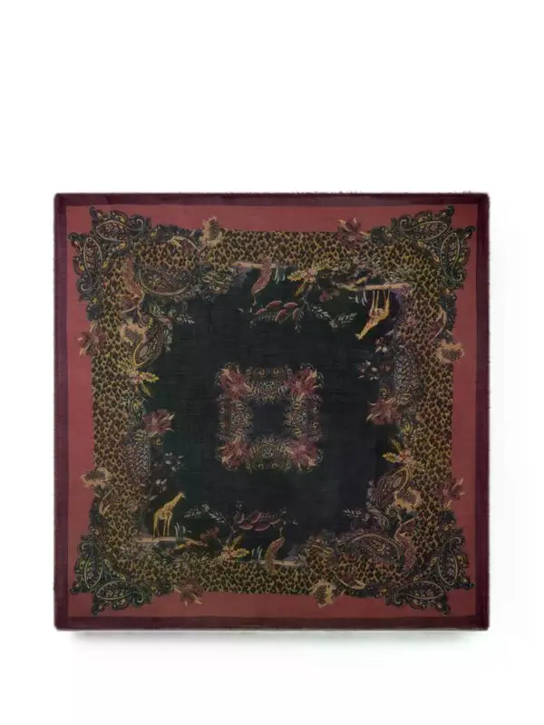 Etro Wool, Cashmere And Silk Shawl With Animal And Paisley Motif - Black