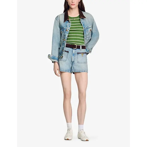 Sandro Leather-trim Faded Denim Shorts