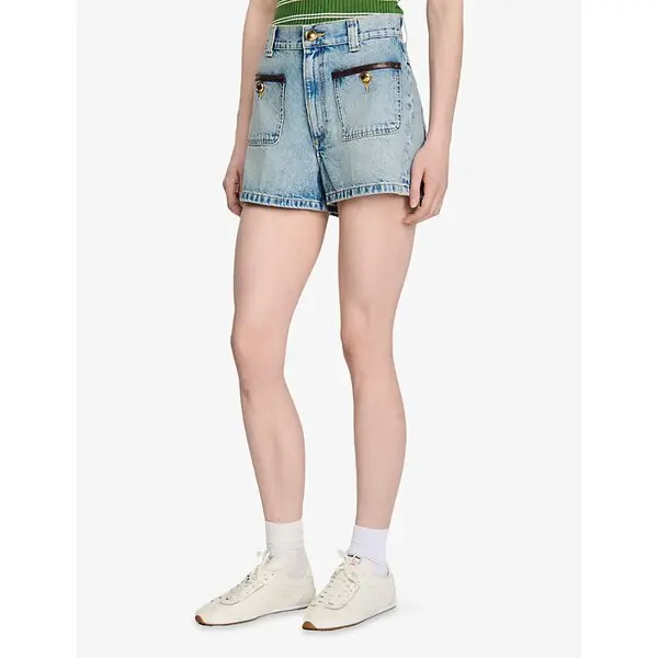 Sandro Leather-trim Faded Denim Shorts