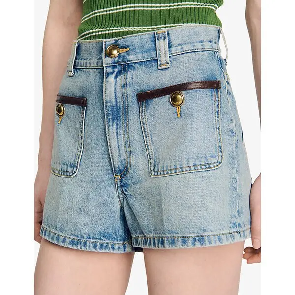 Sandro Leather-trim Faded Denim Shorts