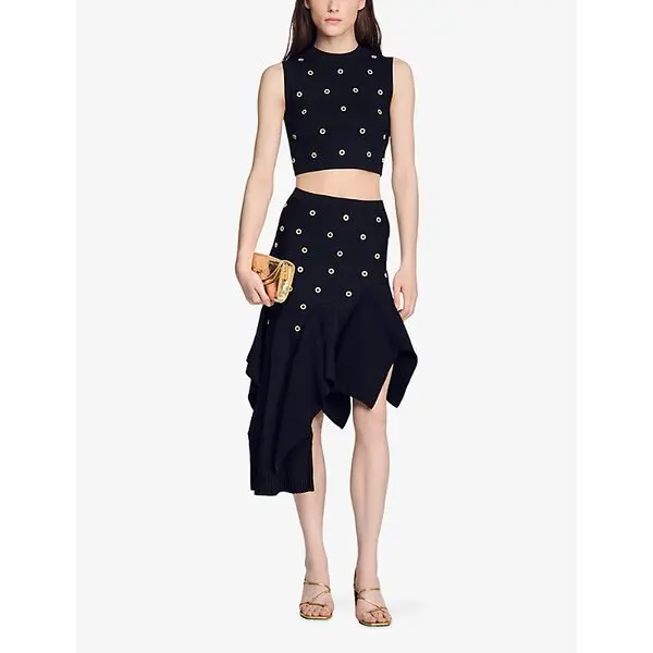 Sandro Asymmetric Studded Knitted Mini Skirt