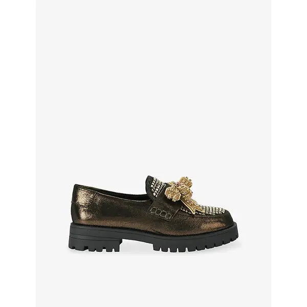 Kurt Geiger Bow Crystal Leather Loafers - Bronze