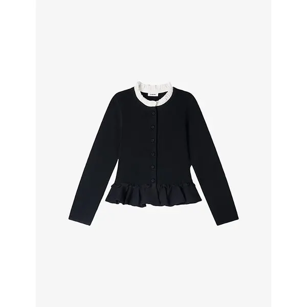 Sandro Victorian-collar Frill-hem Stretch-knit Cardigan - Black