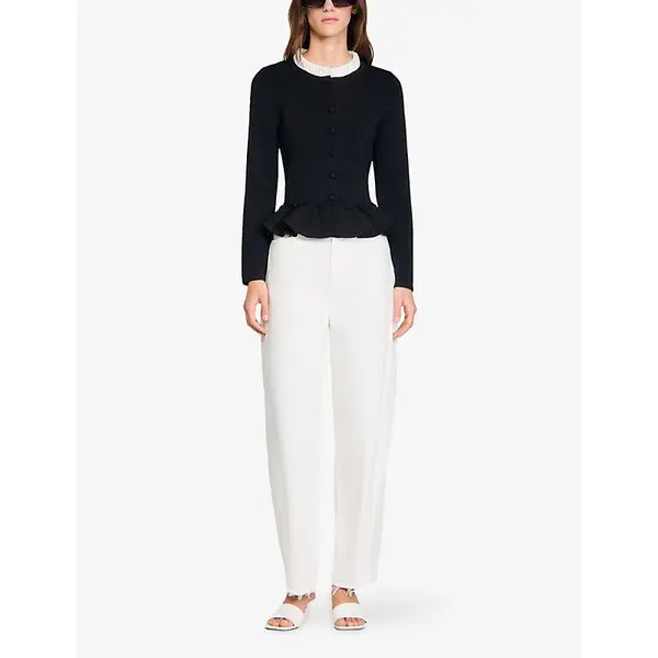 Sandro Victorian-collar Frill-hem Stretch-knit Cardigan