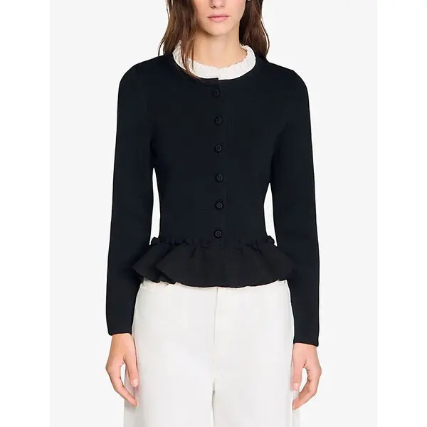 Sandro Victorian-collar Frill-hem Stretch-knit Cardigan