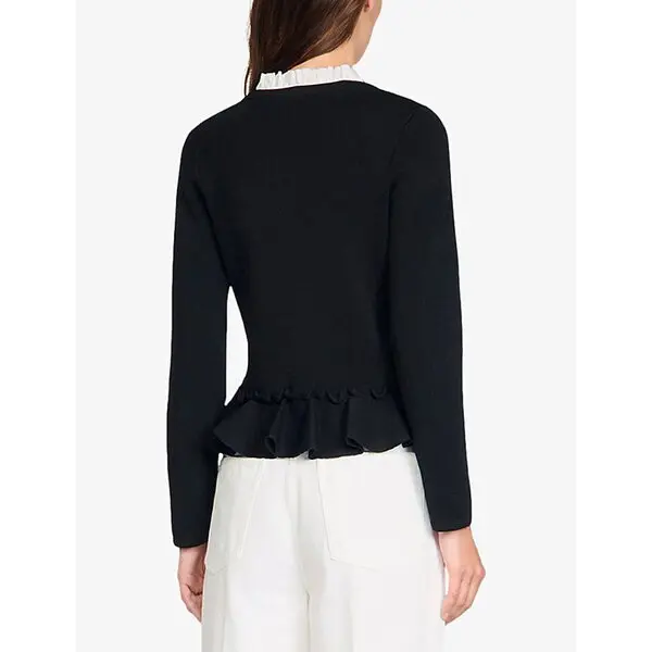 Sandro Victorian-collar Frill-hem Stretch-knit Cardigan