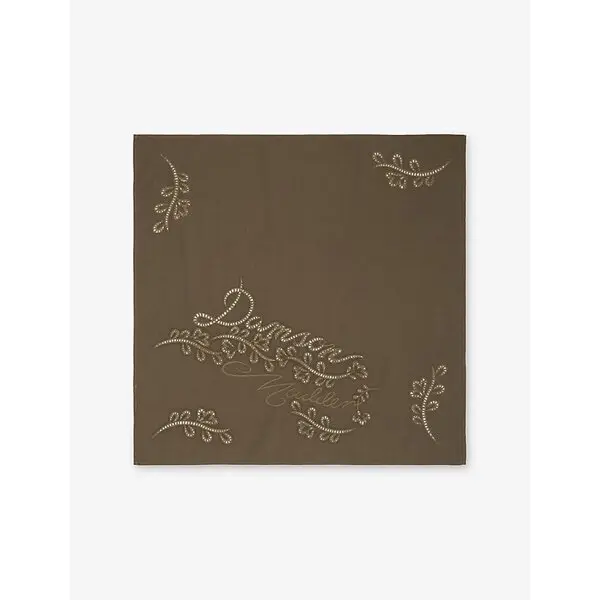 DAMSON MADDER Floral Brand-embroidered Cotton Headscarf 55cm X 55cm - Khaki