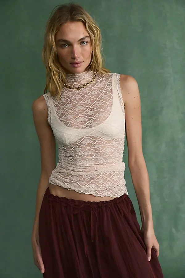 INTIMATELY Pretty Problem" Lace Mock Neck Tank Top - Pink Shell