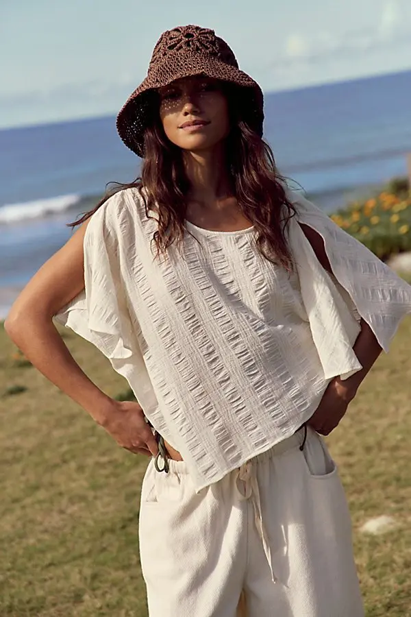 Free People Bea Asymmetrical Textured Cotton-linen Top - Moonglow