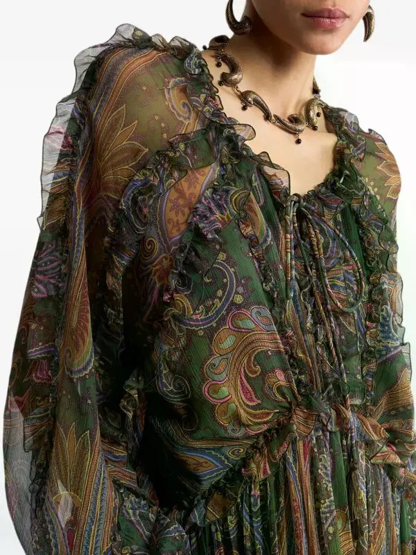 Etro Long Silk Dress With Ruffles And Paisley Print