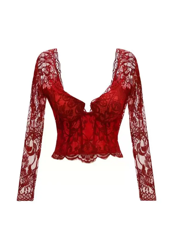 GEMY MAALOUF Lace-embroidered V-neck Top - Red