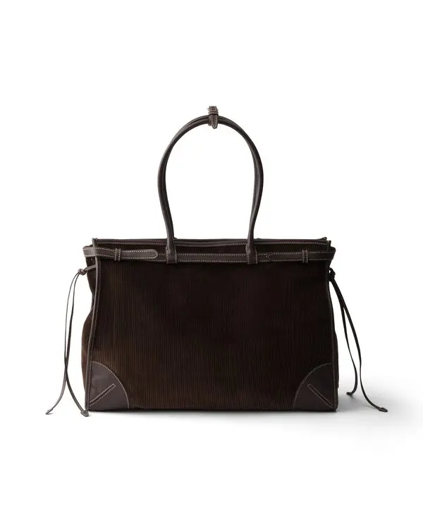 Prada Bonnie Extra Large Corduroy And Leather Handbag - Ebony