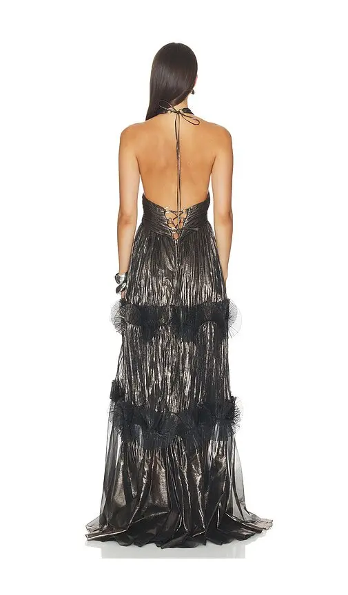 MARIA LUCIA HOHAN Zadie Metallic Silk Halterneck Gown - Grey