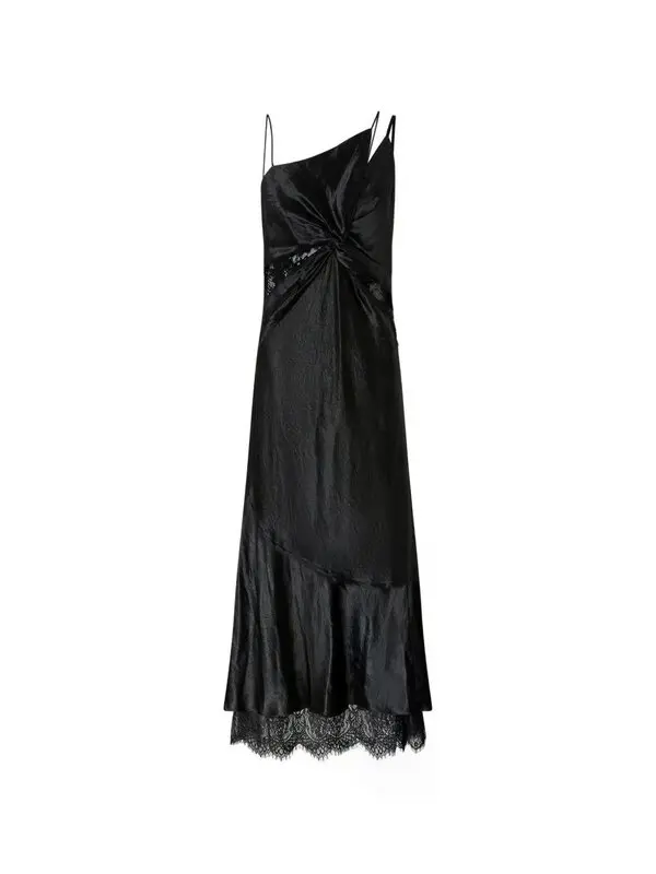 Pinko Long Satin Dress With Draping And Lace - Black