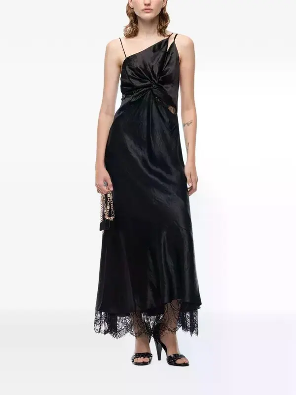 Pinko Long Satin Asymmetrical Neck Dress With Lace Trim