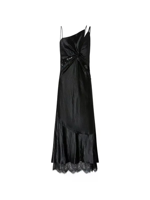 Pinko Long Satin Asymmetrical Neck Dress With Lace Trim - Black