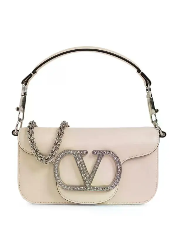 Valentino Garavani Small Locò Vlogo Signature Crystal-embellished Tote Bag - Neutrals