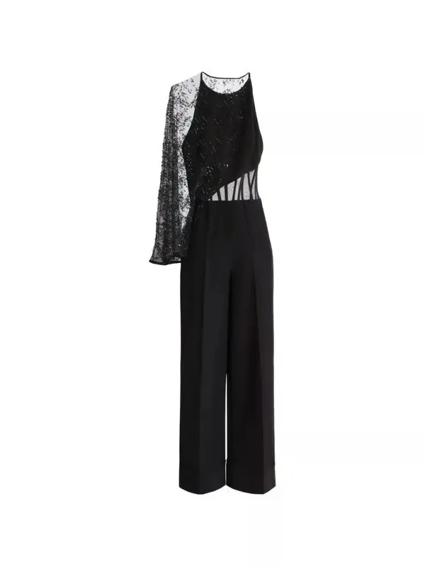 GEMY MAALOUF Bead-embellished Asymmetric-sleeve Jumpsuit - Black