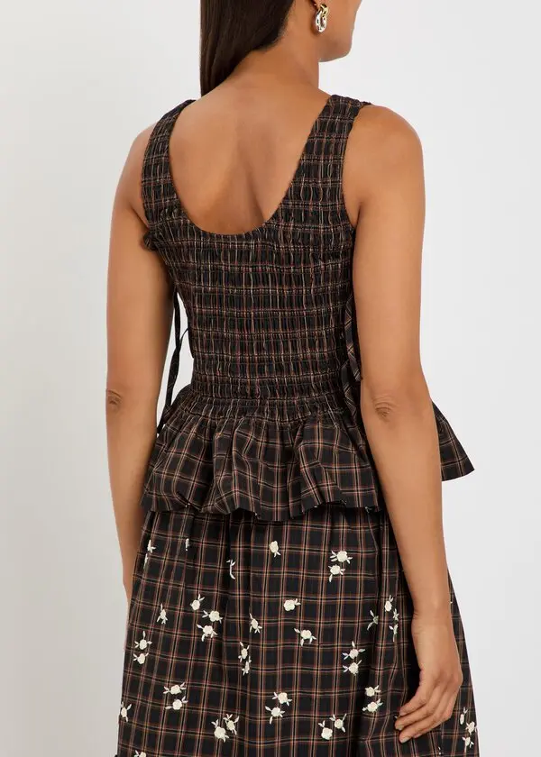 GANNI Checked Shirred Cotton-poplin Top
