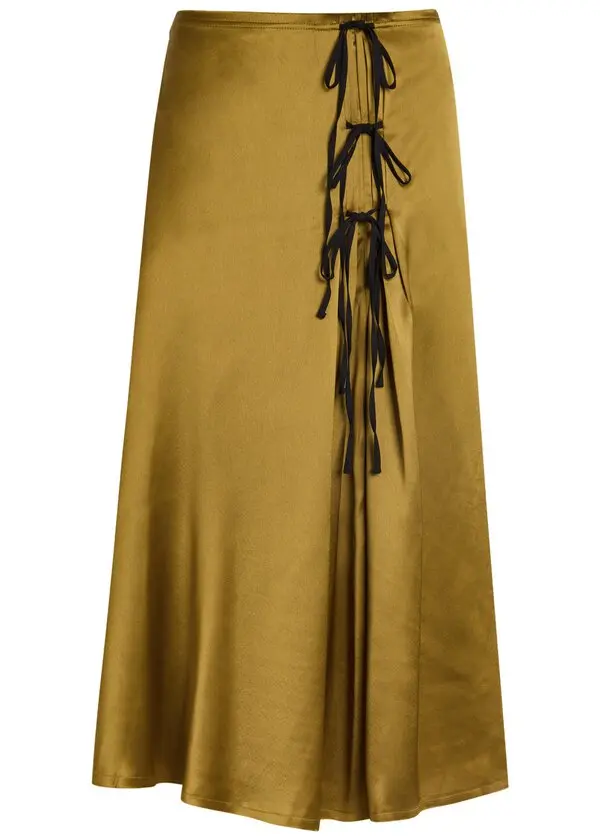 GANNI Bow-embellished Satin Midi Skirt - Olive