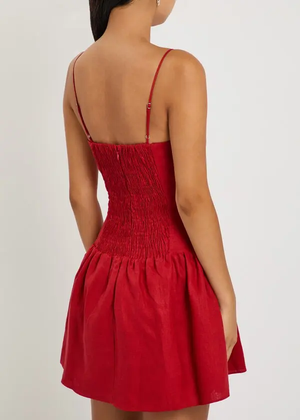 Faithfull The Brand Linen Mini Dress With Square Neck And Shirred Back