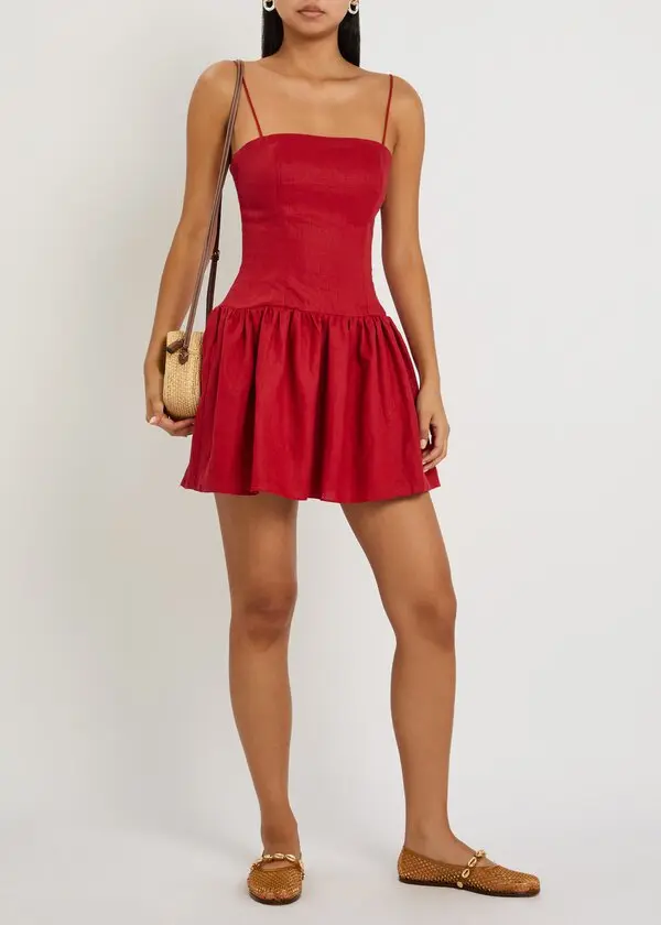 Faithfull The Brand Linen Mini Dress With Square Neck And Shirred Back
