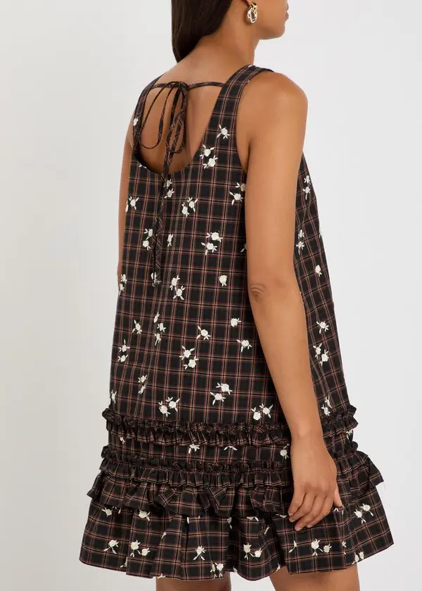 GANNI Checked Floral-embroidered Cotton-poplin Mini Dress