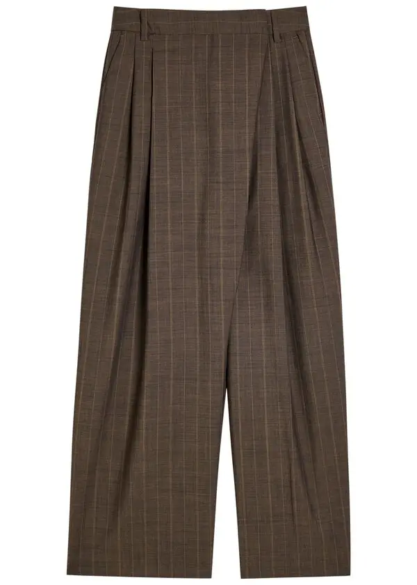 GANNI Pinstriped Wool Wrap Trousers - Brown