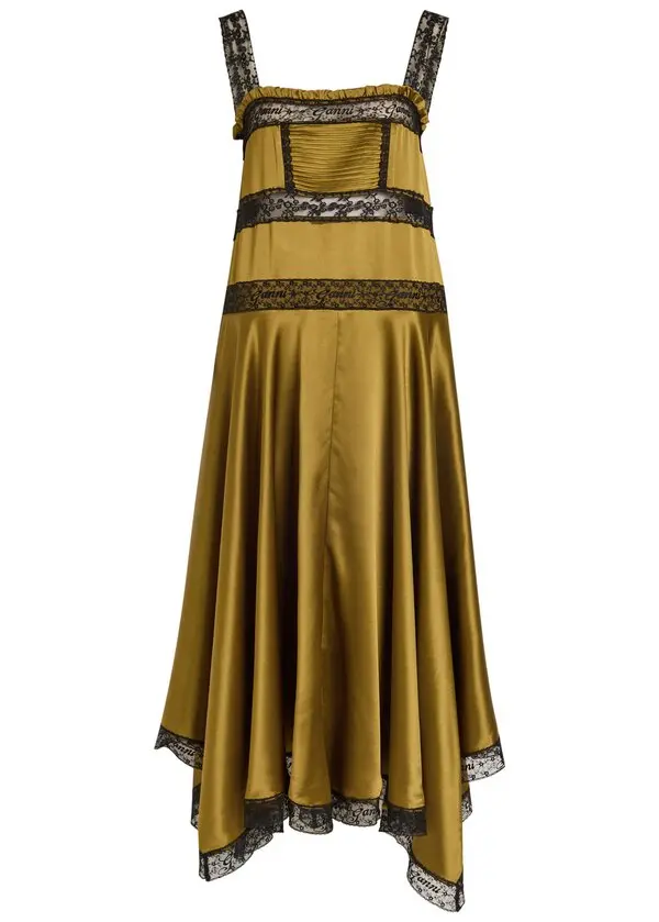 GANNI Lace-trim Satin Midi Slip Dress - Olive