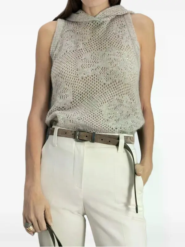 Brunello Cucinelli Sequin-embellished Hooded Open-knit Vest - Neutrals