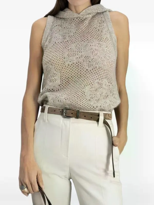 Brunello Cucinelli Sequin-embellished Hooded Open-knit Vest - Neutrals