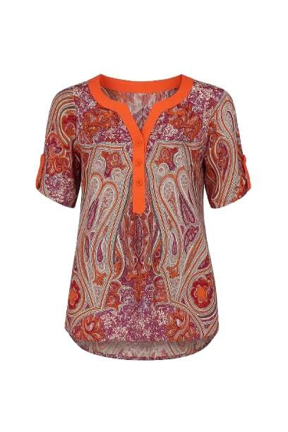CONQUISTA Print Poplin Top With Orange Trim