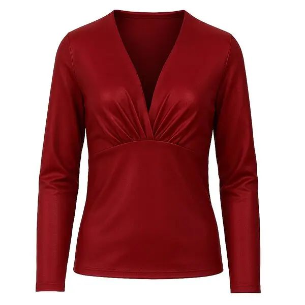 CONQUISTA Long Sleeve Shiny V-neck Top In Deep – Stretch Jersey Blend - Red