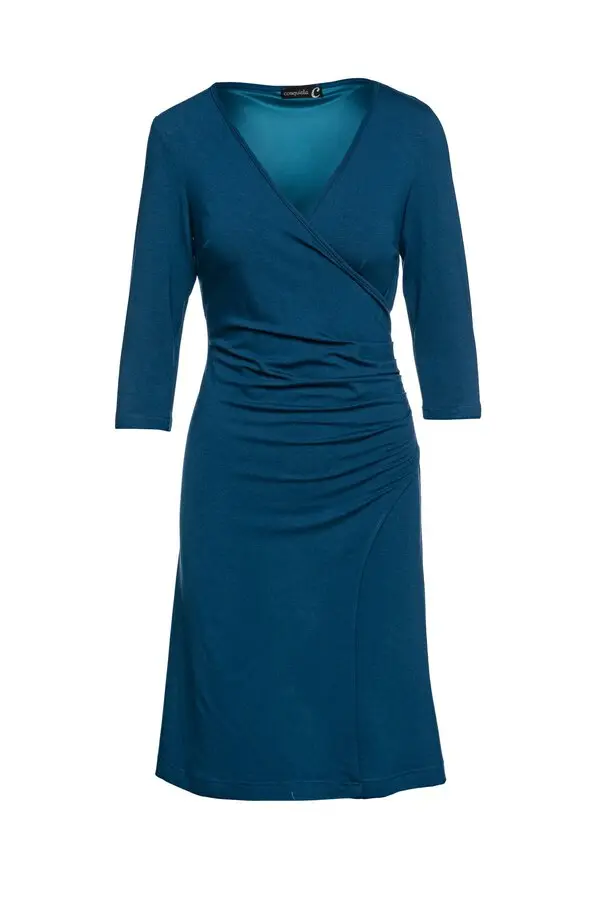 CONQUISTA Faux Wrap Dress In Sustainable Fabric Dark Petrol Color - Blue