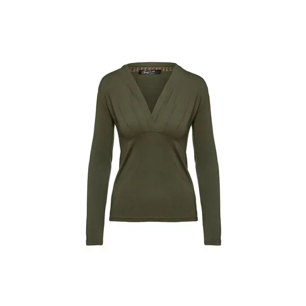 CONQUISTA Neutrals Khaki Long Sleeve Faux Wrap Top In Stretch Jersey Sustainable Fabric - Yellow