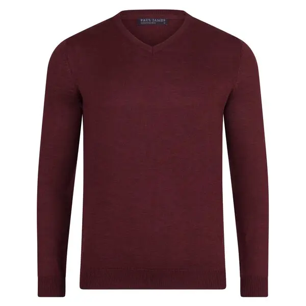 PAUL JAMES KNITWEAR Extra Fine Merino Wool Chester V-neck Jumper Burgundy - Red