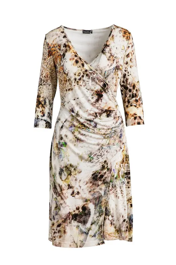 CONQUISTA Print Jersey Faux Wrap Dress In Beige - Brown