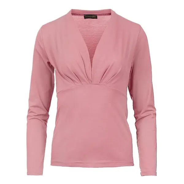 CONQUISTA Long Sleeve Faux Wrap Top In Stretch Jersey Sustainable Fabric - Pink