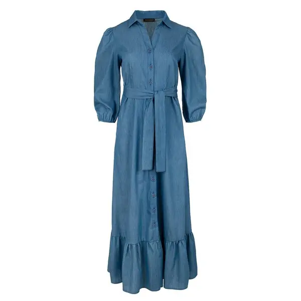 CONQUISTA Denim Style Dress With Frill - Blue