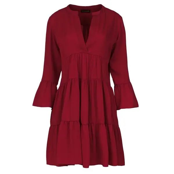 CONQUISTA Wine Viscose Gathe Seams Dress - Red