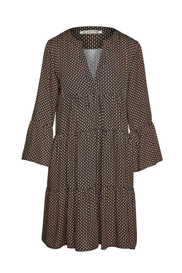 CONQUISTA Print Gathered Seams Dress With Bell Sleeves - Brown