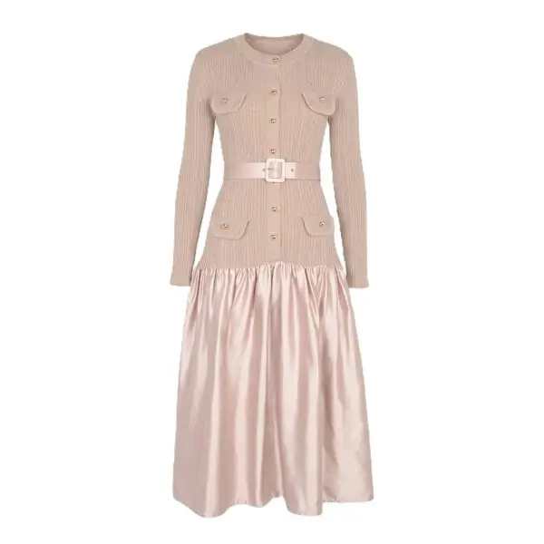 MODENAIRE Textured Knit Midi Dress Refined Silhouette - Pink