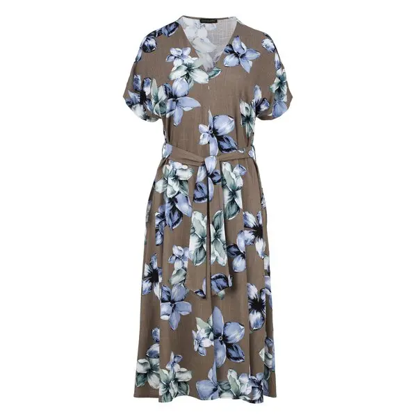 CONQUISTA Linen Style Floral Print Midi Dress With Belt - Brown