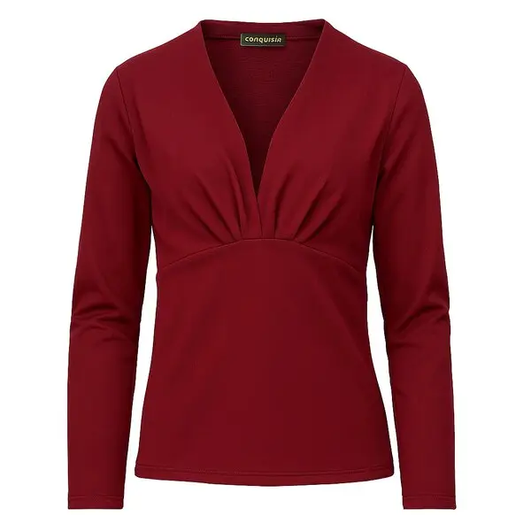 CONQUISTA Long Sleeve V-neck Top In Deep – Stretch Jersey Blend - Red