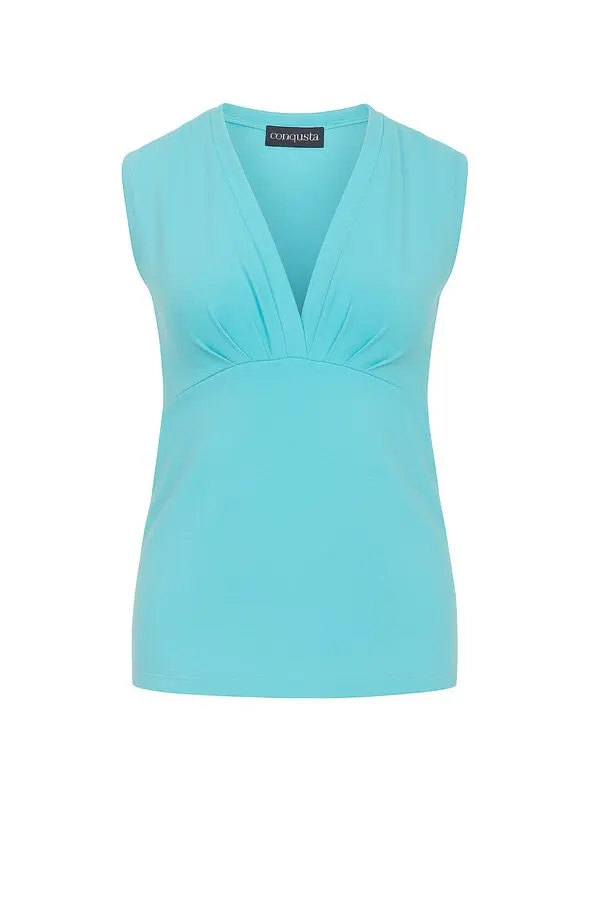 CONQUISTA Aqua Sleeveless V-neck Jersey Top – Stretch Cotton-blend Fabric - Blue