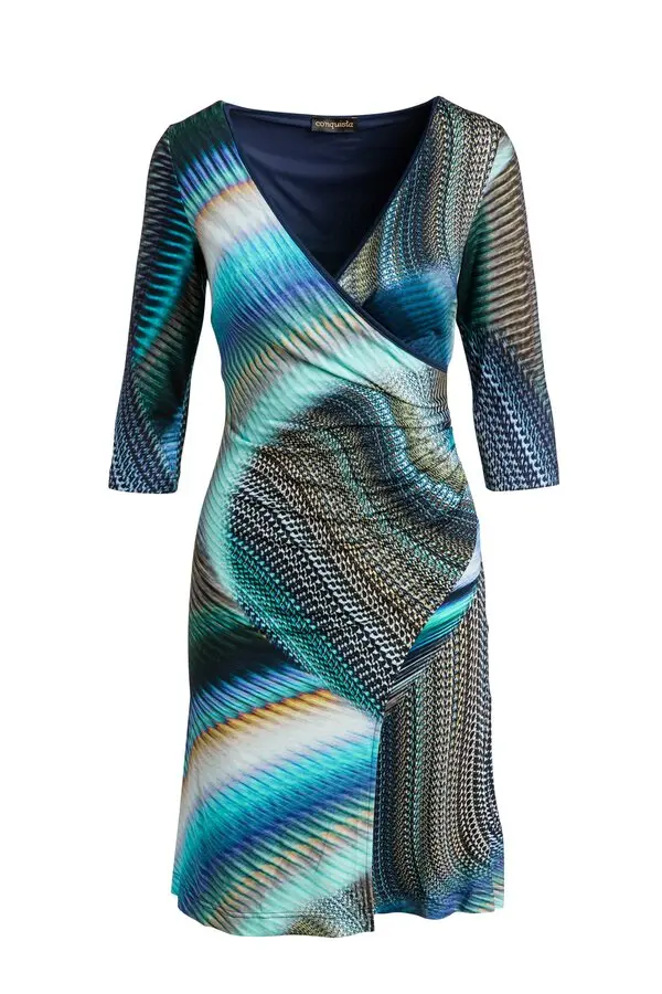 CONQUISTA Print Jersey Faux Wrap Dress In Petrol - Green