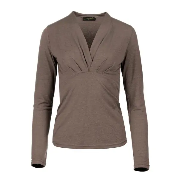 CONQUISTA Iron-taupe Mélange Long Sleeve Faux Wrap Jersey Top - Grey