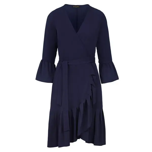 CONQUISTA Navy Wrap Dress Viscose With Bell Sleeves - Blue