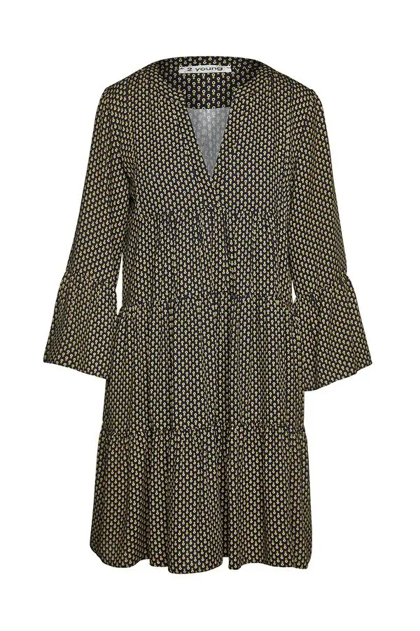 CONQUISTA Print Viscose Gathered Seams Dress - Green